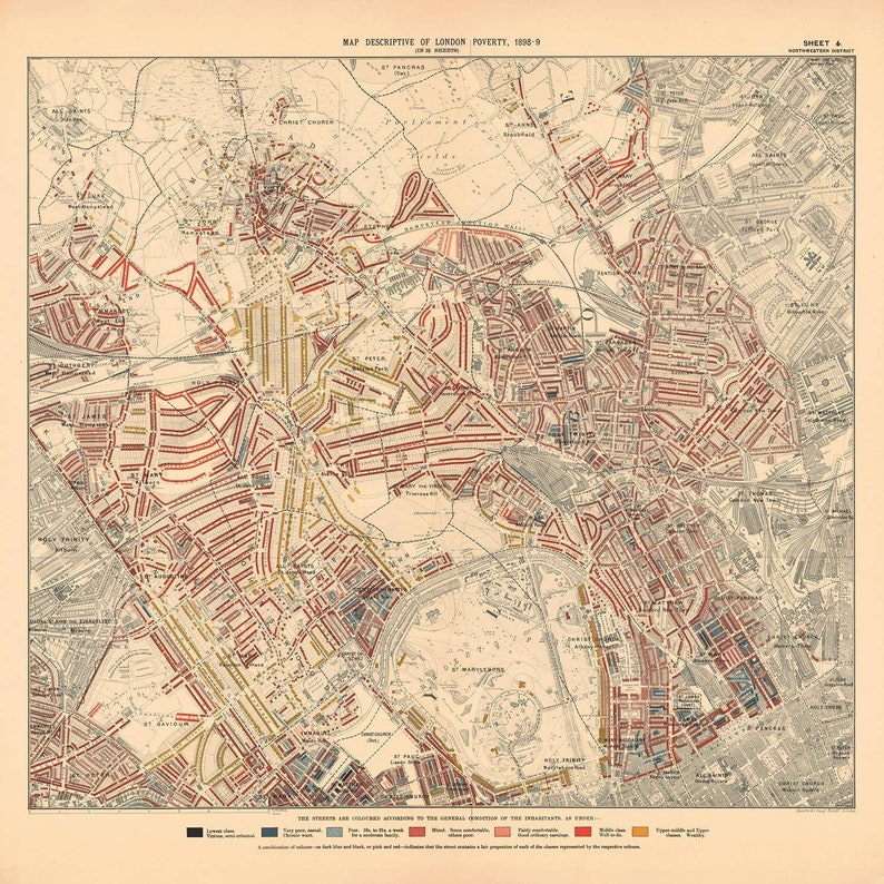 Old Map of London Poverty 1898-9, North Western - Camden, Hampstead ...