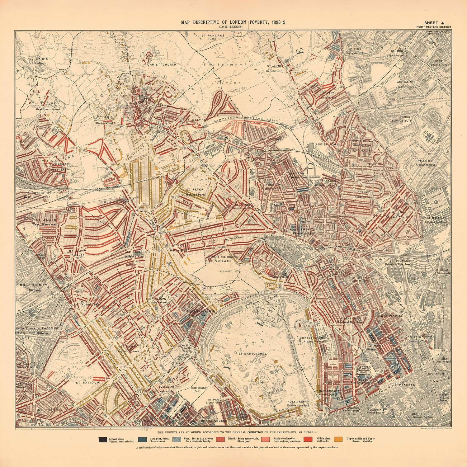 Old Map of London Poverty 1898-9 North Western by Booth | Etsy