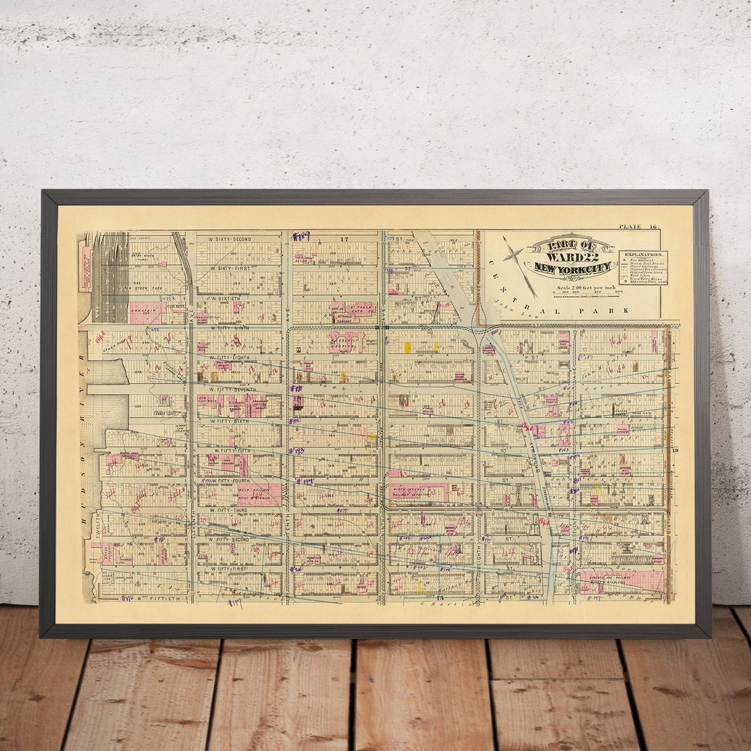 Old Map of Clinton, Ward 22, NYC, 1879: Hells Kitchen, Columbus Circle ...