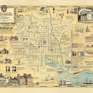 Old Historical Map of Baltimore in 1954 by Edward Tunis - Downtown ...