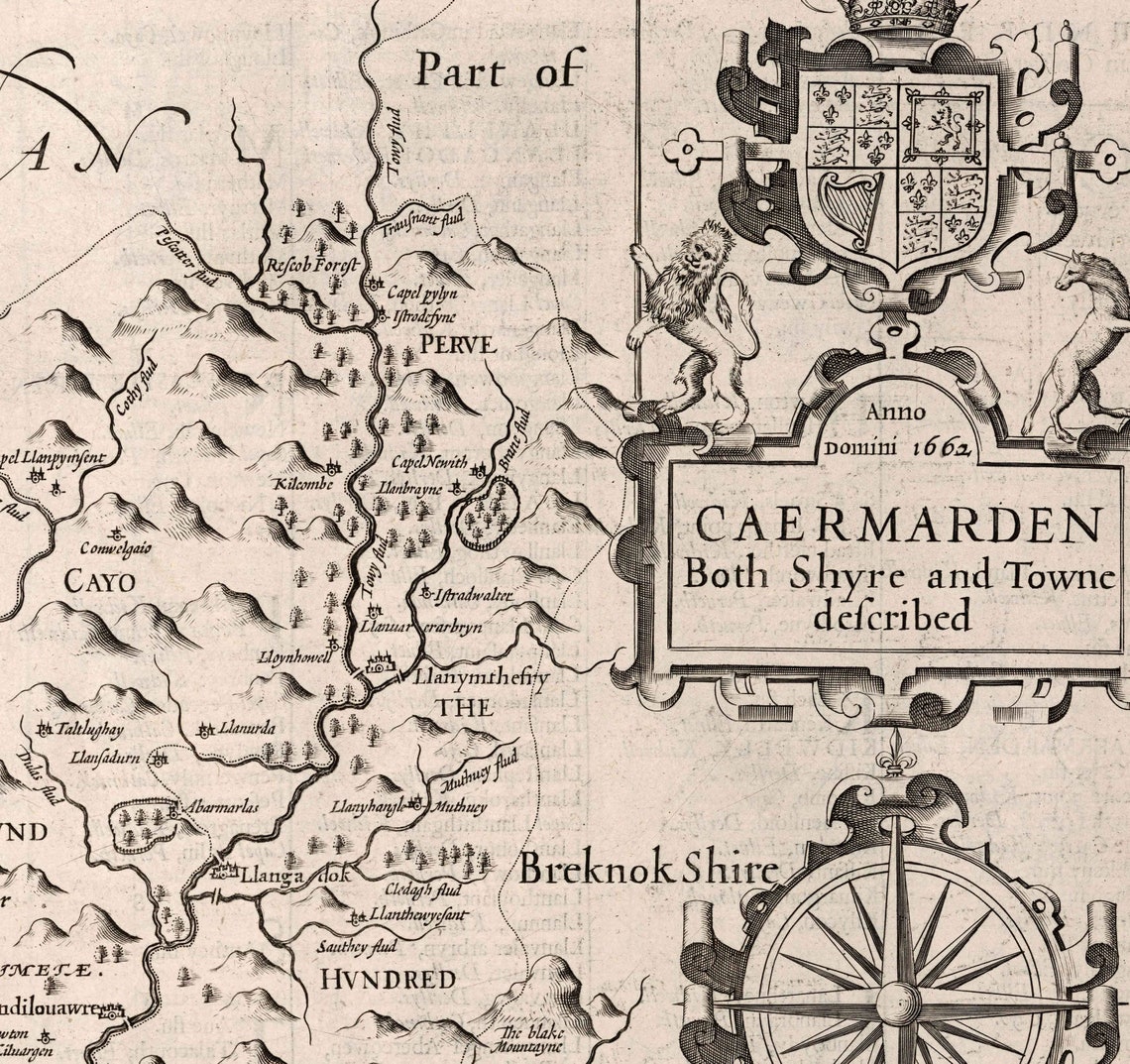 Old Map of Carmarthenshire Wales, 1611 by John Speed - Carmarthen ...