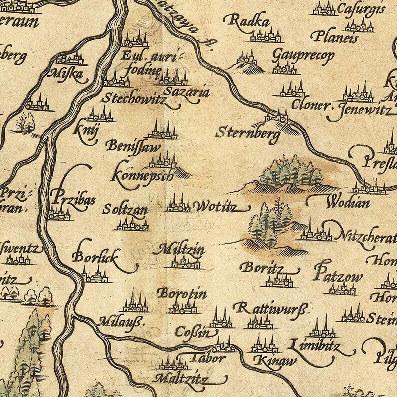 Old Map of Bohemia by Ortelius, 1579: Czechia, Prague, Vltava River ...