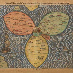 Old Cloverleaf World Map With Jerusalem in the Middle by Bunting, 1582 ...
