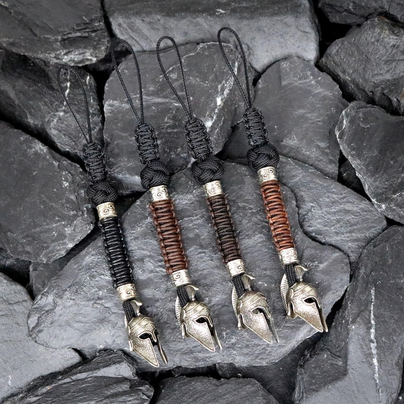 Paracord Knife Lanyard: Silver Spartan Helmet Bead, Leather Wrap - Etsy