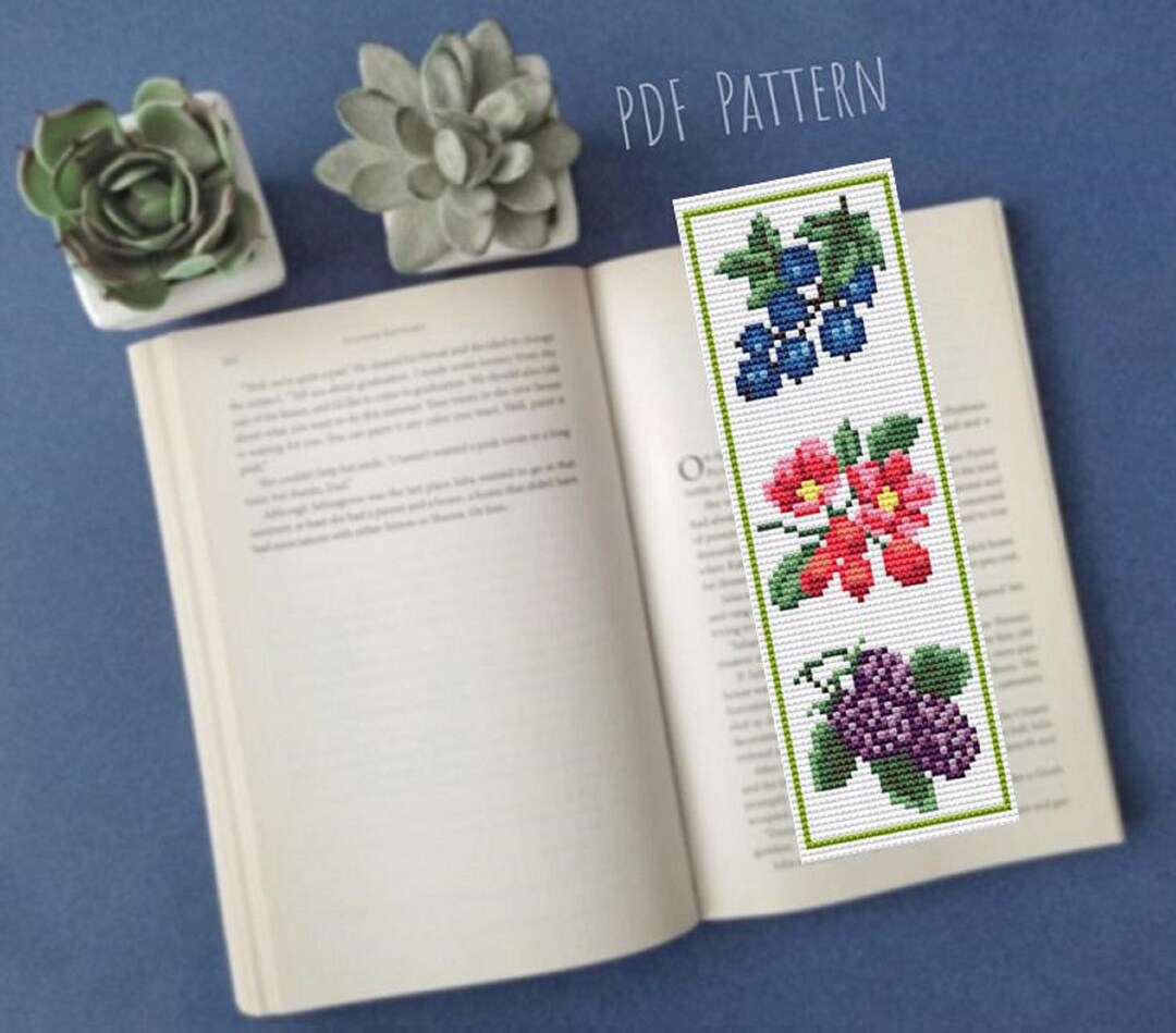 Berry Cross Stitch Book Tracker, Floral Bookmarks, Black Currant ...
