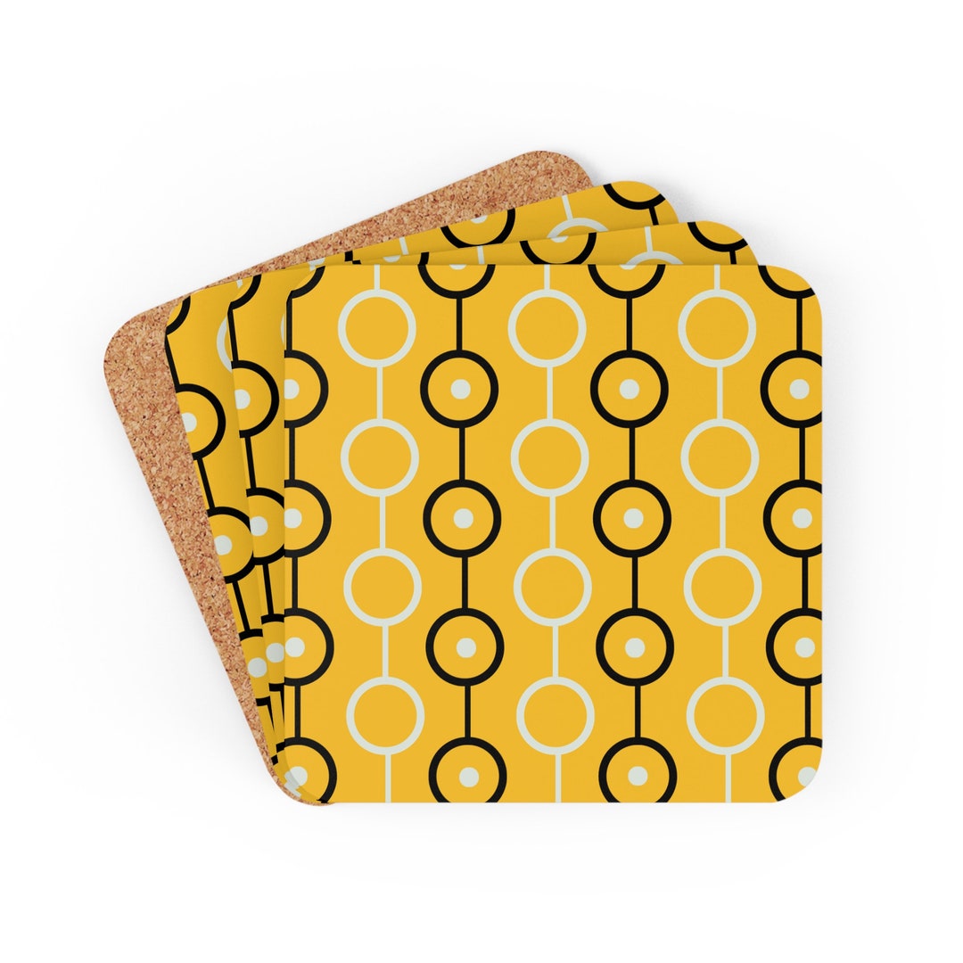 Retro Coaster Set | 4-piece Coaster Set | Cork Backed Coaster | Yellow ...
