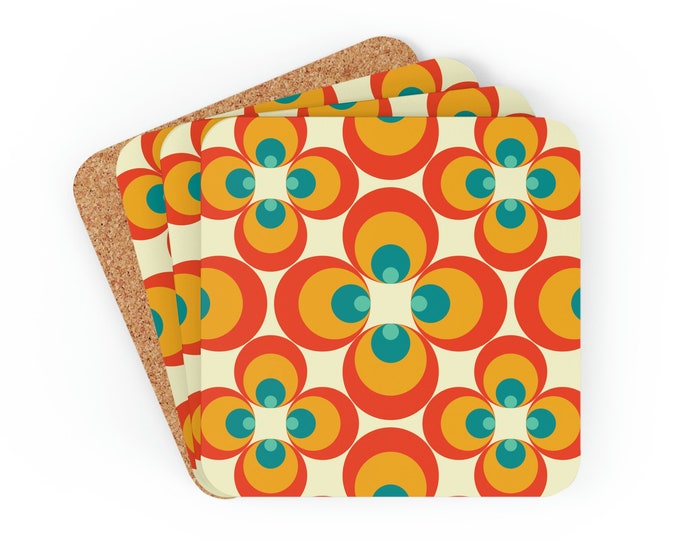 Mod Hippy Floral Flower Power Coaster Set of 4 TILE Cork Retro Mid ...