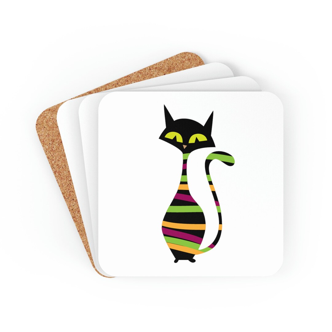 Mid-century Modern Coaster Set, 4-piece Coaster Set, Retro Cat Cork ...