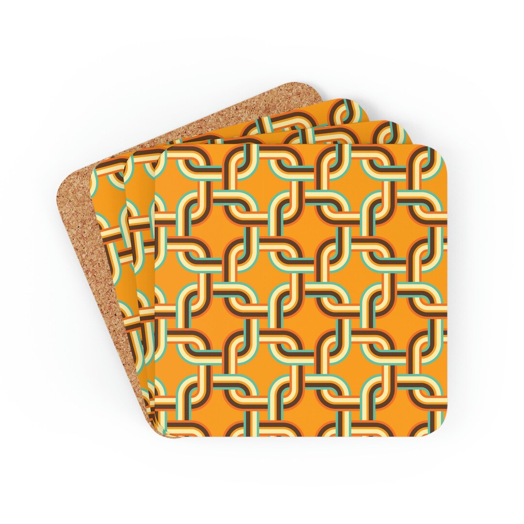 Mid-century Modern Coaster Set, 4-piece Coaster Set, Orange Cork Backed ...