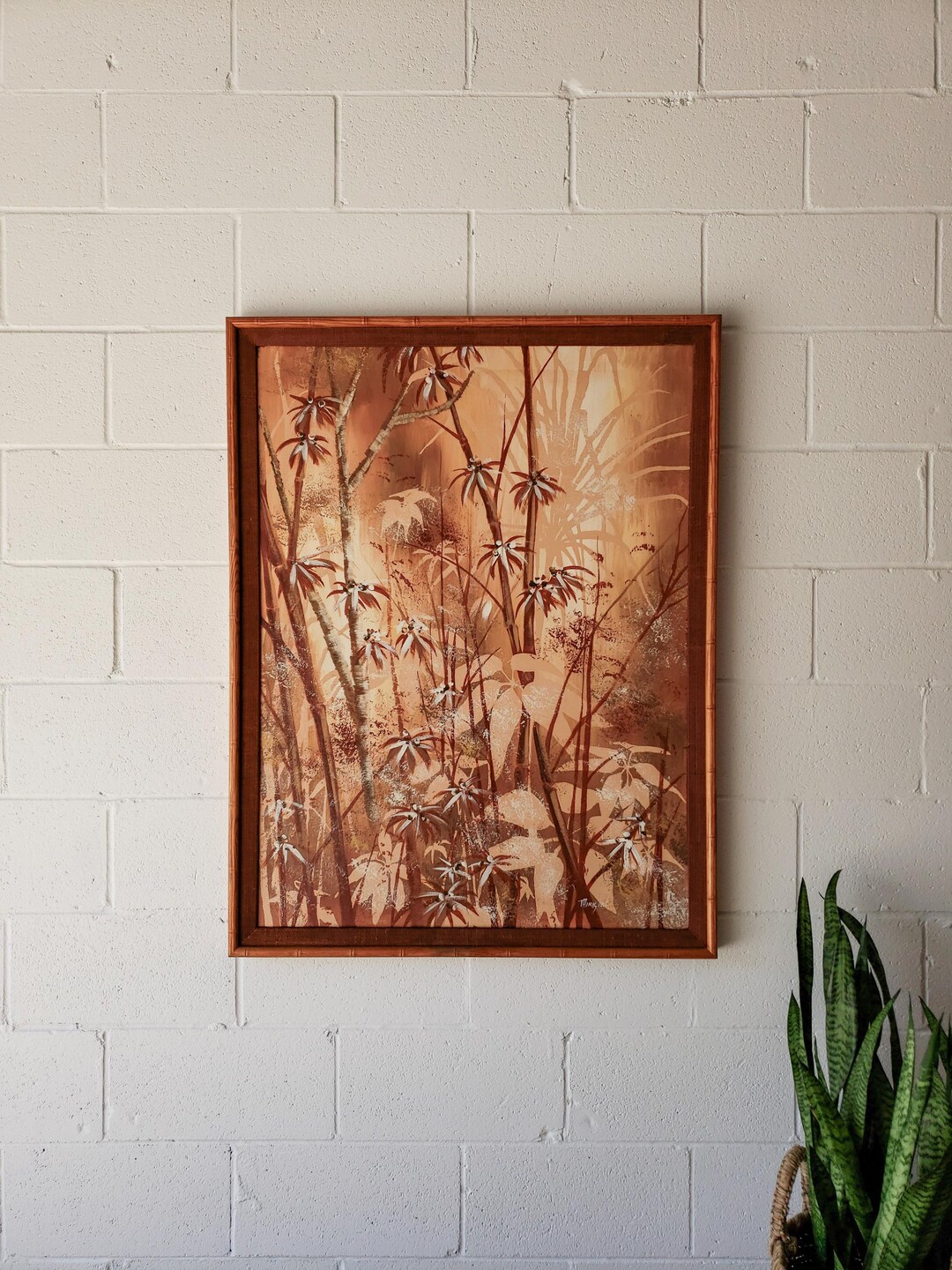 Large Vintage Solid Wood Framed Bamboo Painting on Canvas Signed Thomas ...