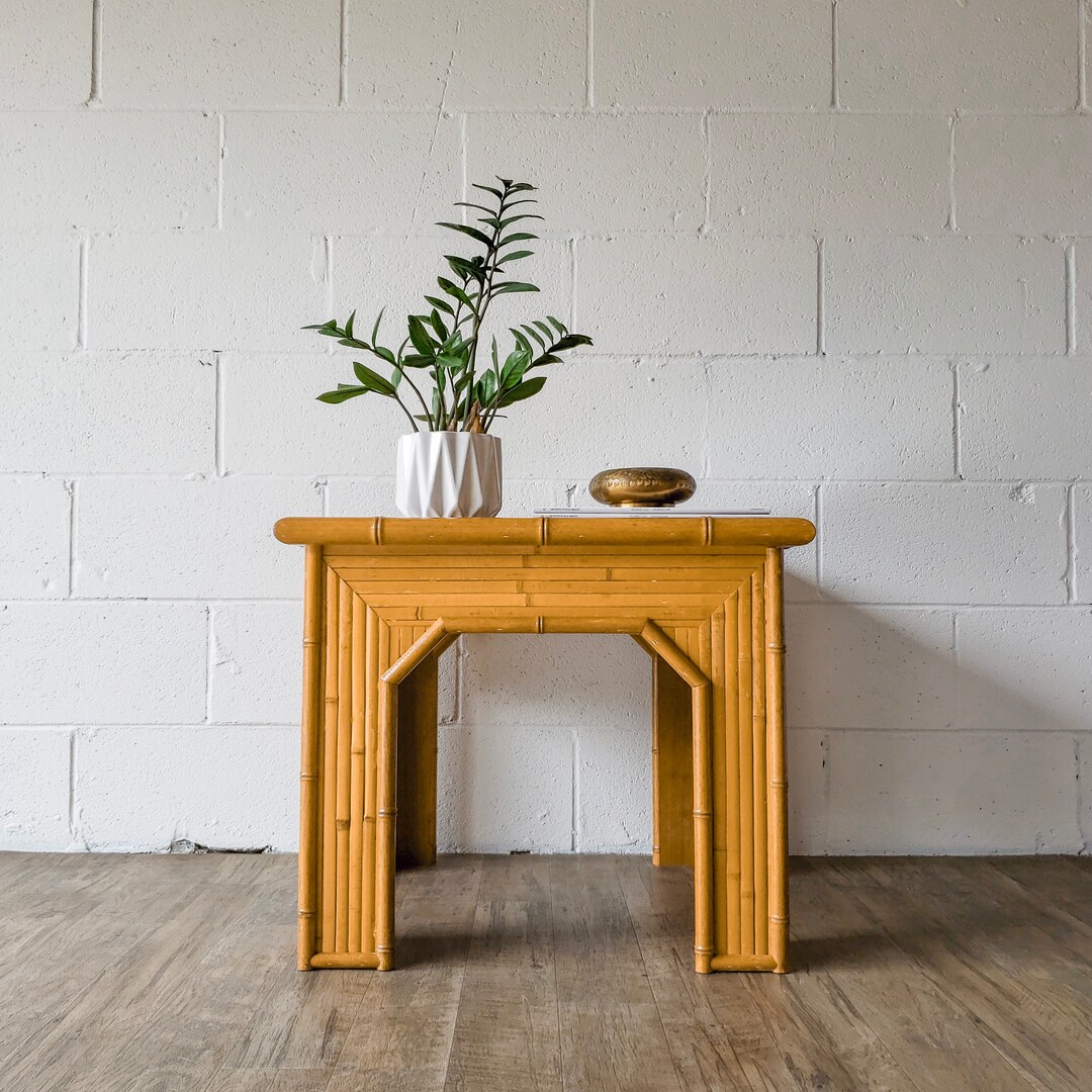 Vintage Rattan & Split Bamboo Square End Table W/ Glass Top - Etsy