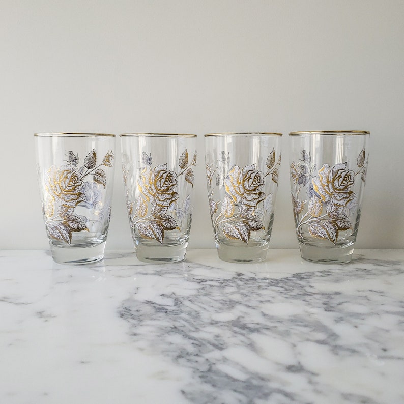 Vintage Set of 4 Libbey Rose Bouquet Flat Tumblers White Rose & Gold Tone Decal - Etsy