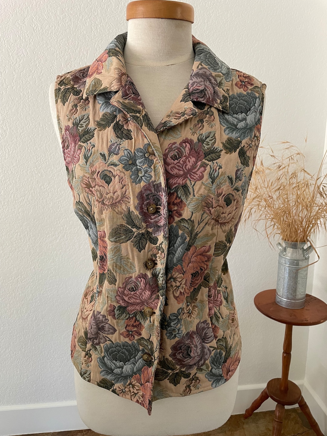 Vintage 90s Tapestry Floral Vest / Cabbage Rose Vest / Vintage ...