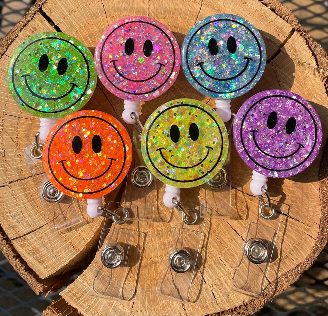 Happy Face Glitter Badge Reel, Sparkle, Badge Reel, Retractable Badge ...