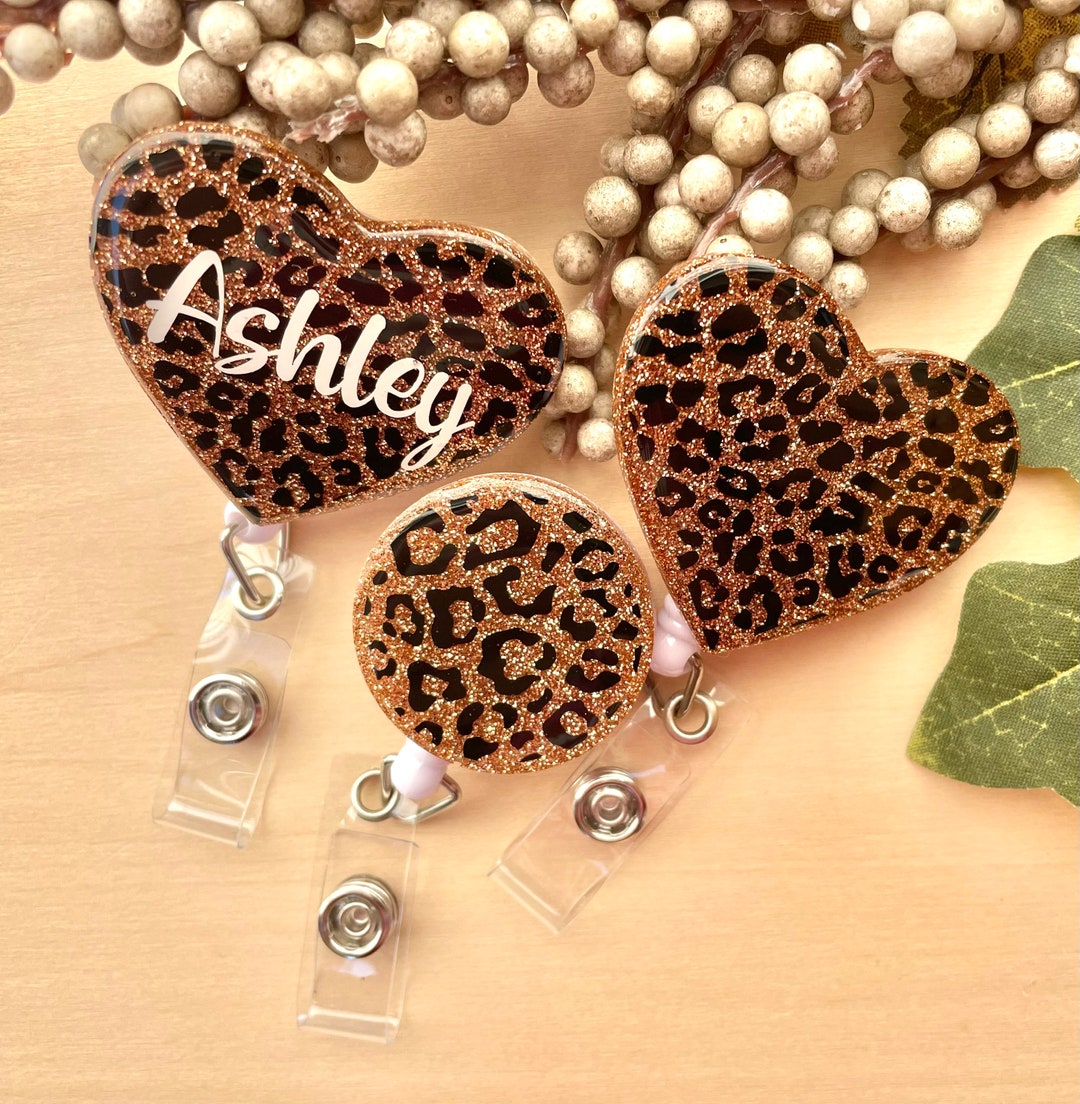 Cheetah Glitter Badge Reel, Gold Heart Badge Reel, Cheetah Heart ...