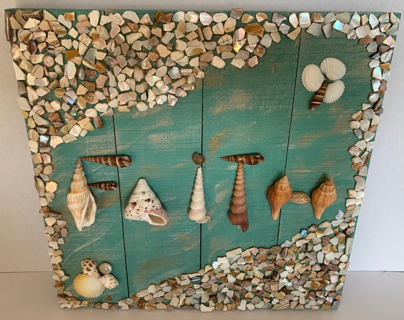 Shell Art - FAITH, Wooden Wall Decor/ Wall Sign Made of Sea Shells and ...