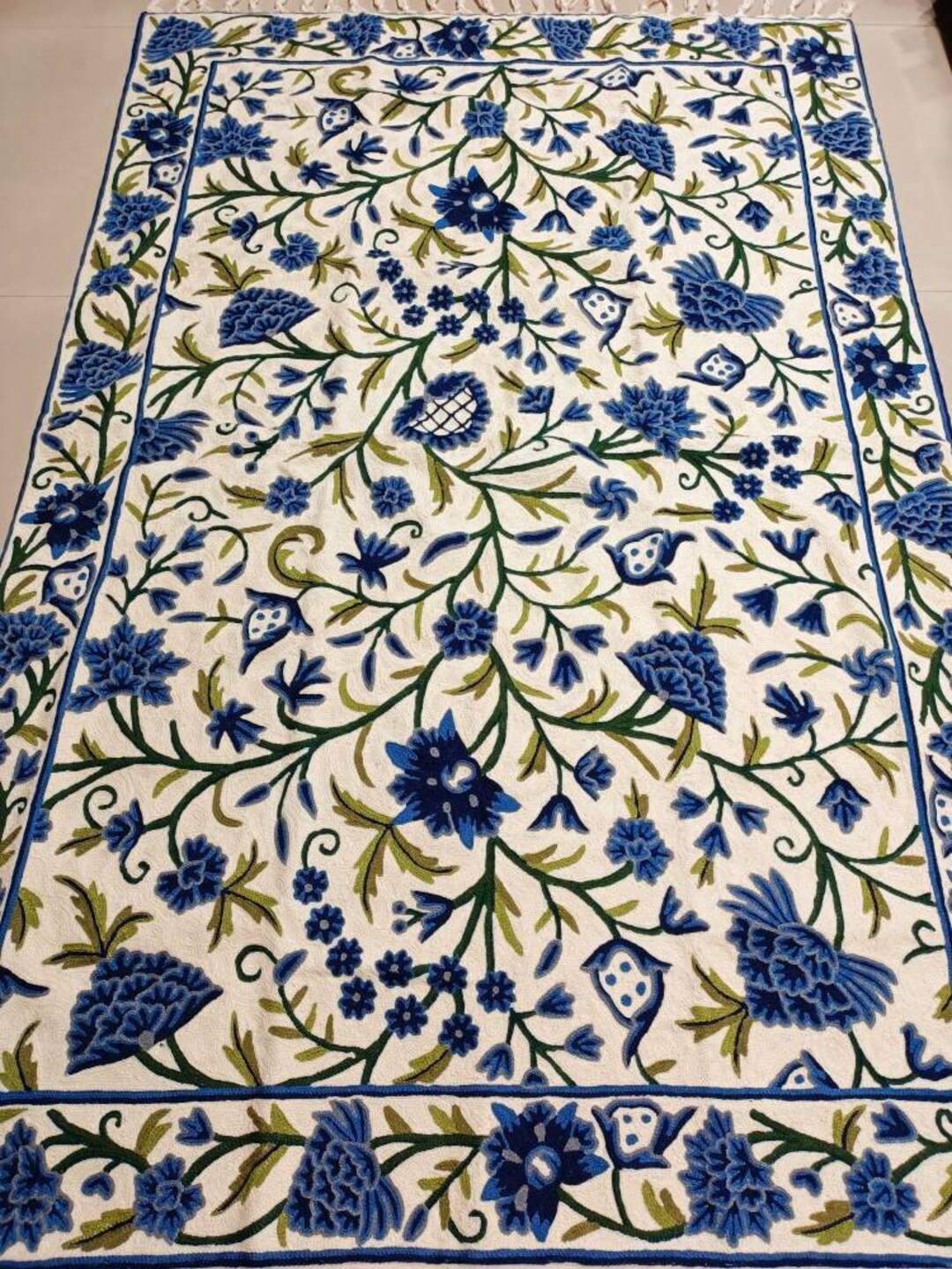4x6 Blue and White Hand Made Wool Floral Rug for Living Room, Bedroom ...