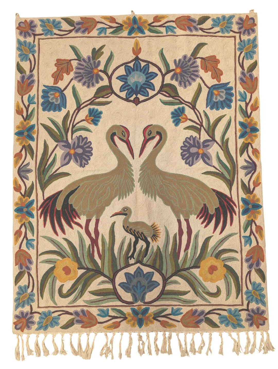 Handmade Kashmir Chain Stitch Embroidered Wall Hanging | 4x3 Ft Crane ...