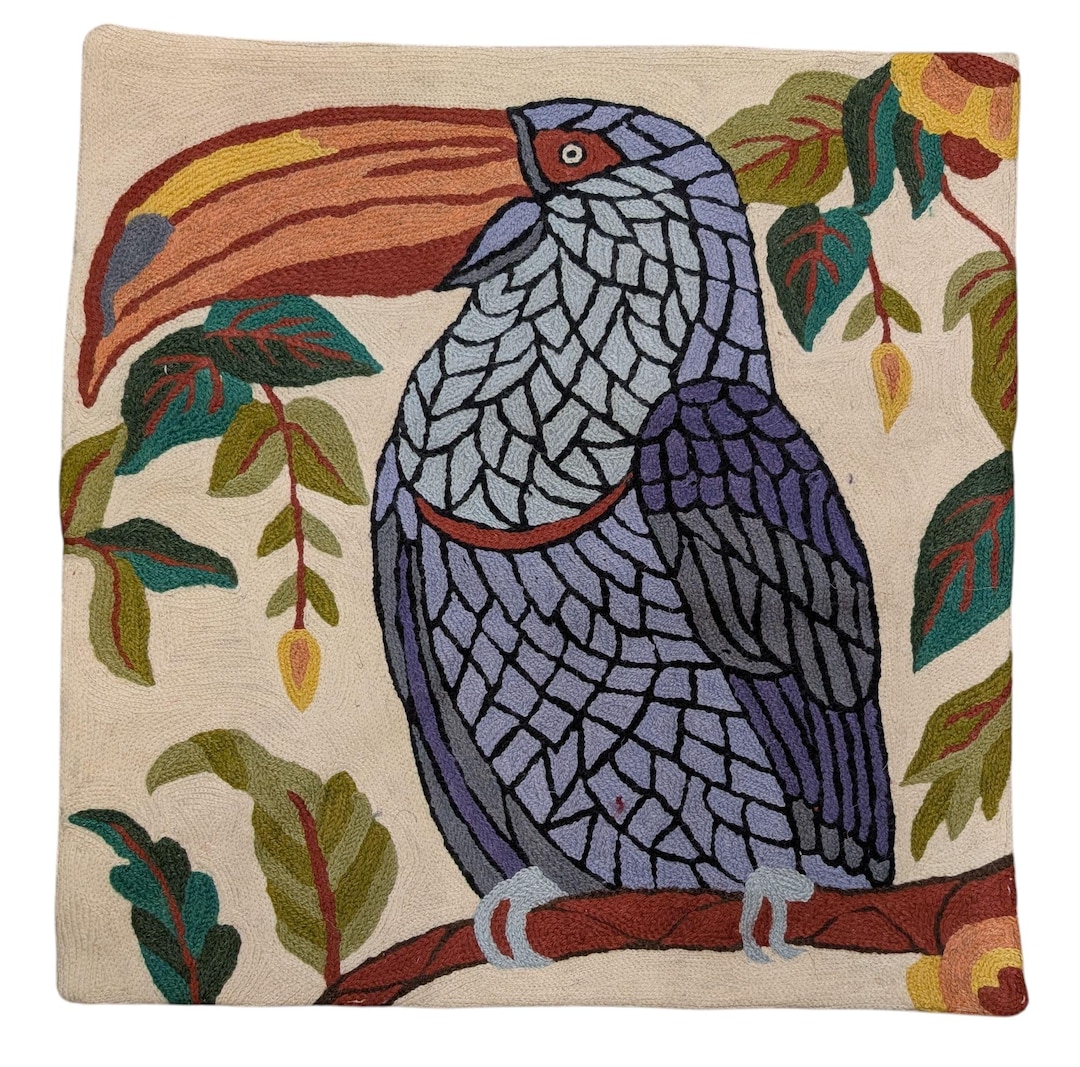 Hand Embroidered Wool Toucan Throw Pillow Cover | Kashmir Chain Stitch ...