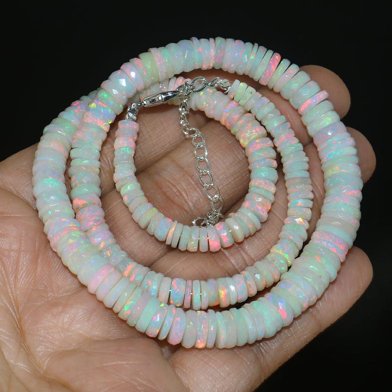 Natural Ethiopian Opal Necklace | Faceted Heishi Beads, Rainbow Fire ...