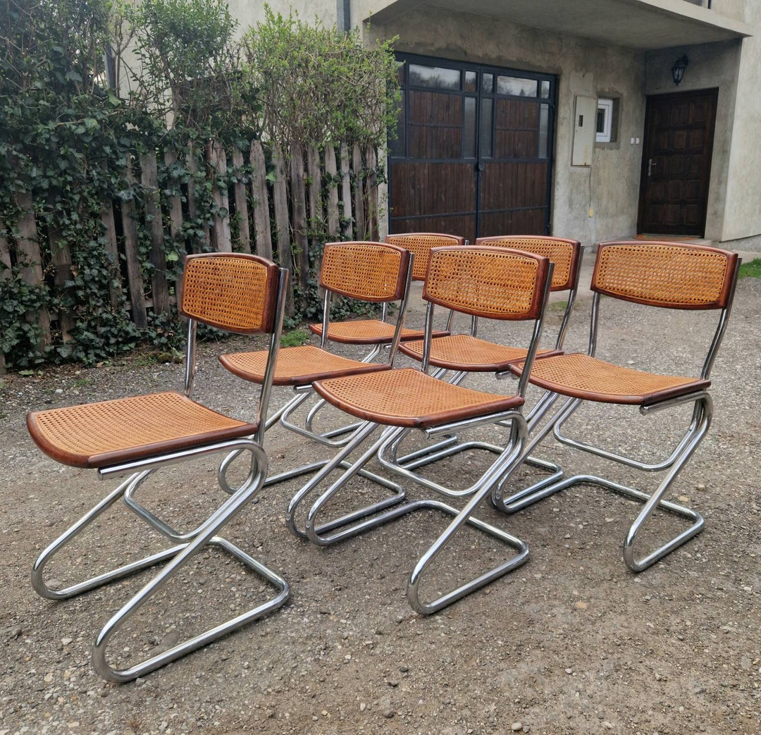 Juego de 6 raras sillas de comedor cromadas voladizas de ratán - Etsy ...