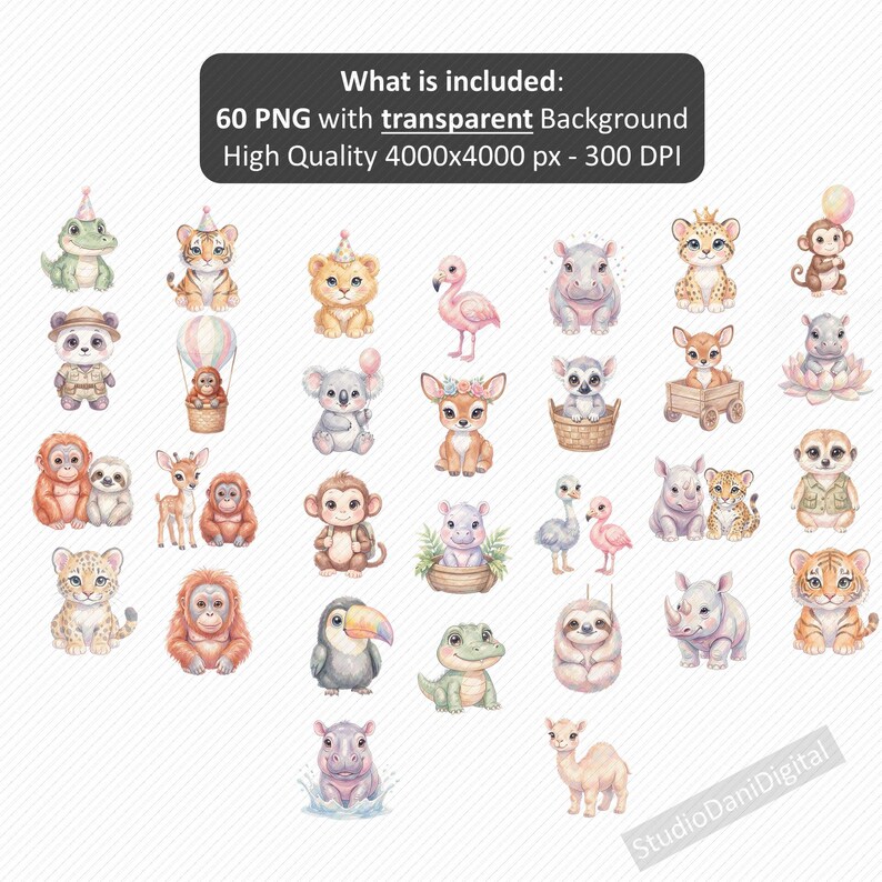 60 Safari Bundle, Jungle Animals PNG, Baby Shower Clipart, Nursery ...
