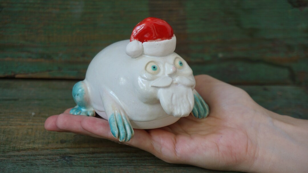 Ceramic Frog Figurine, Santa Claus, Ceramic Sculpture Art, Human Face ...