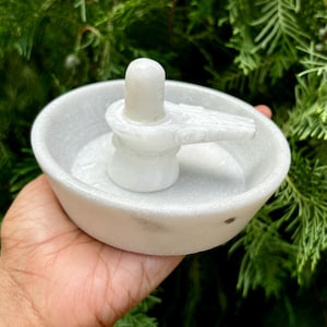 5 Inch White Marble Stone Plate and 2.75 Inch Shiv Ling Handmade Hindu ...