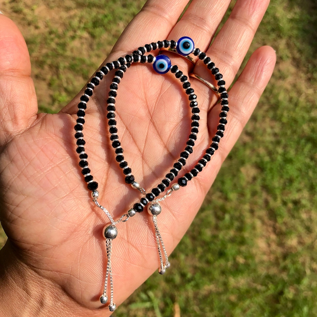 2 Pc 925 Silver Evil Eye Protection Bracelet, Adjustable, Amulet ...