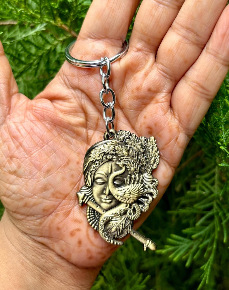 4 " Artisan Crafted Lord Krishna Peacock Flute Metal Key Ring, Key ...