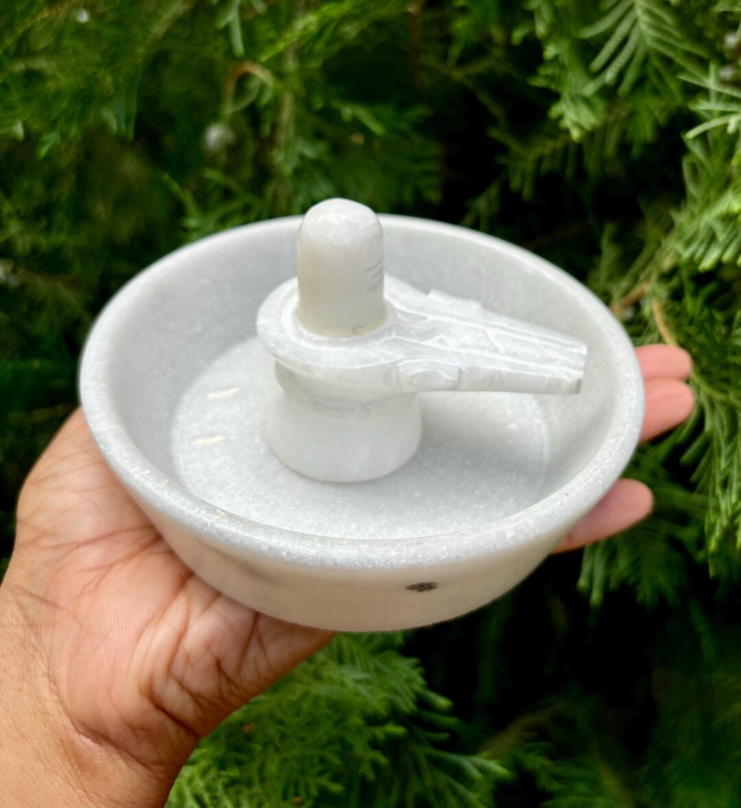 5 Inch White Marble Stone Plate and 2.75 Inch Shiv Ling Handmade Hindu ...