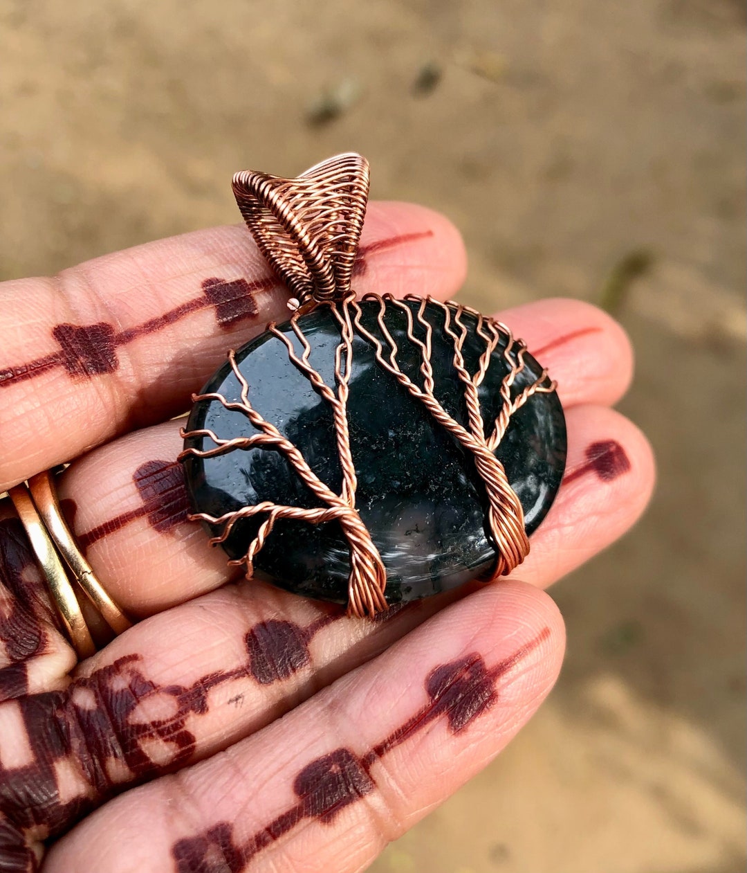 Handmade Tree Design Stone Pendant, Copper Jewelry, Healing Stone Moss ...