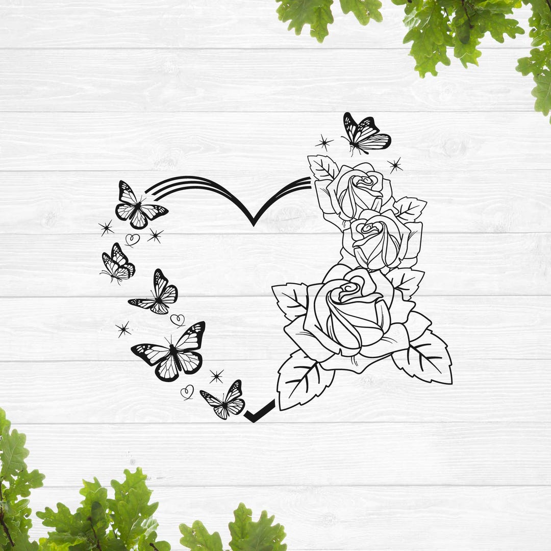 Floral Heart Svg, Heart With Roses and Butterflies Svg, Heart With ...