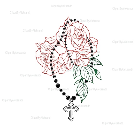 Praying Hands With Rosary And Roses Drawings