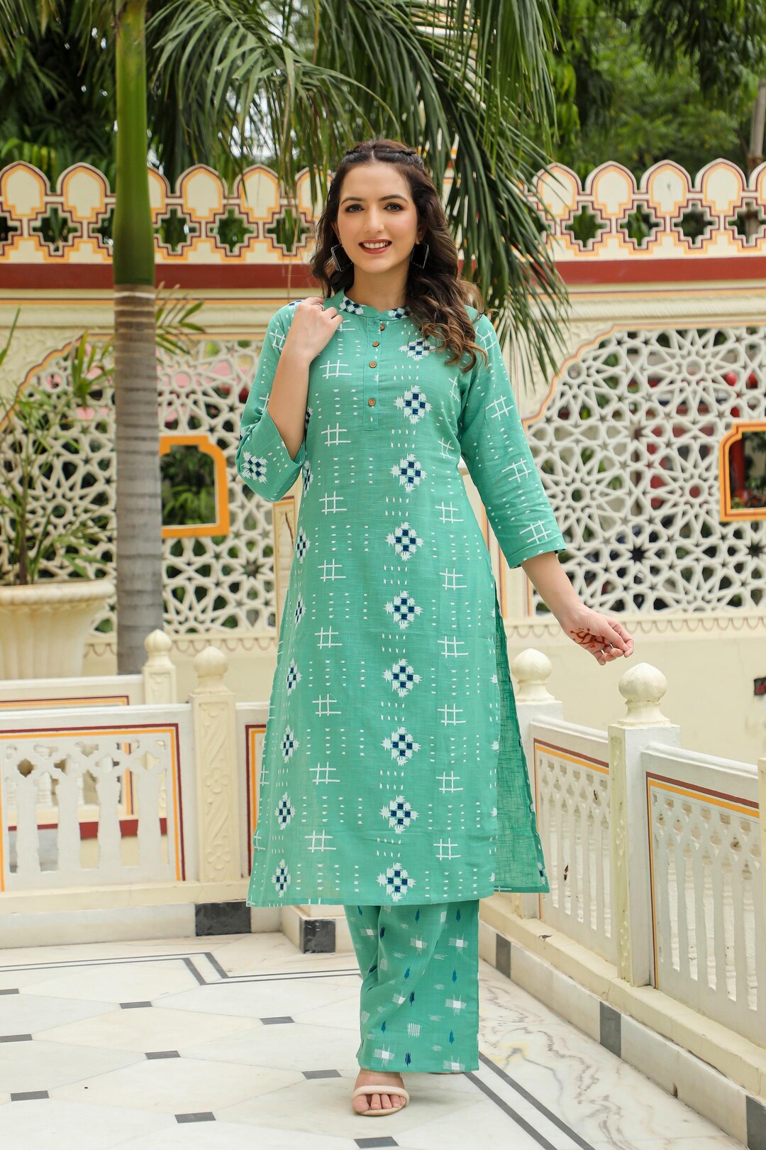 Printed Cotton Kurta Pant Set: Geometric Indian Two Piece Outfit - Etsy