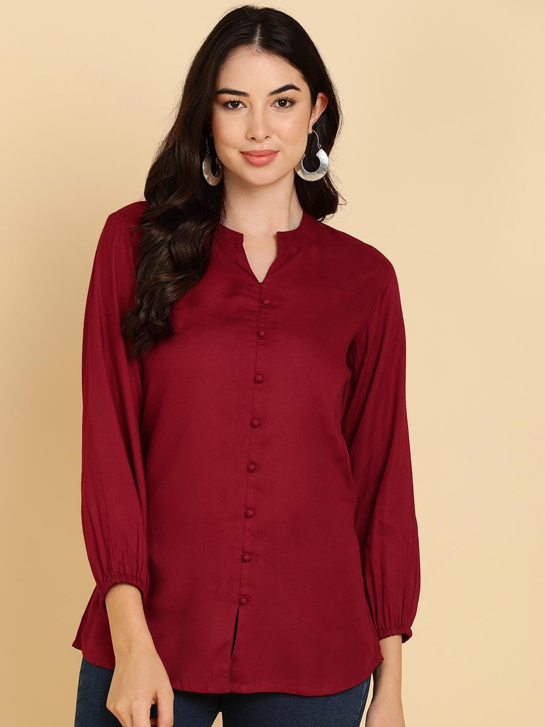 Maroon Indian Tunic Top: Elegant Mandarin Collar Kurti - Etsy