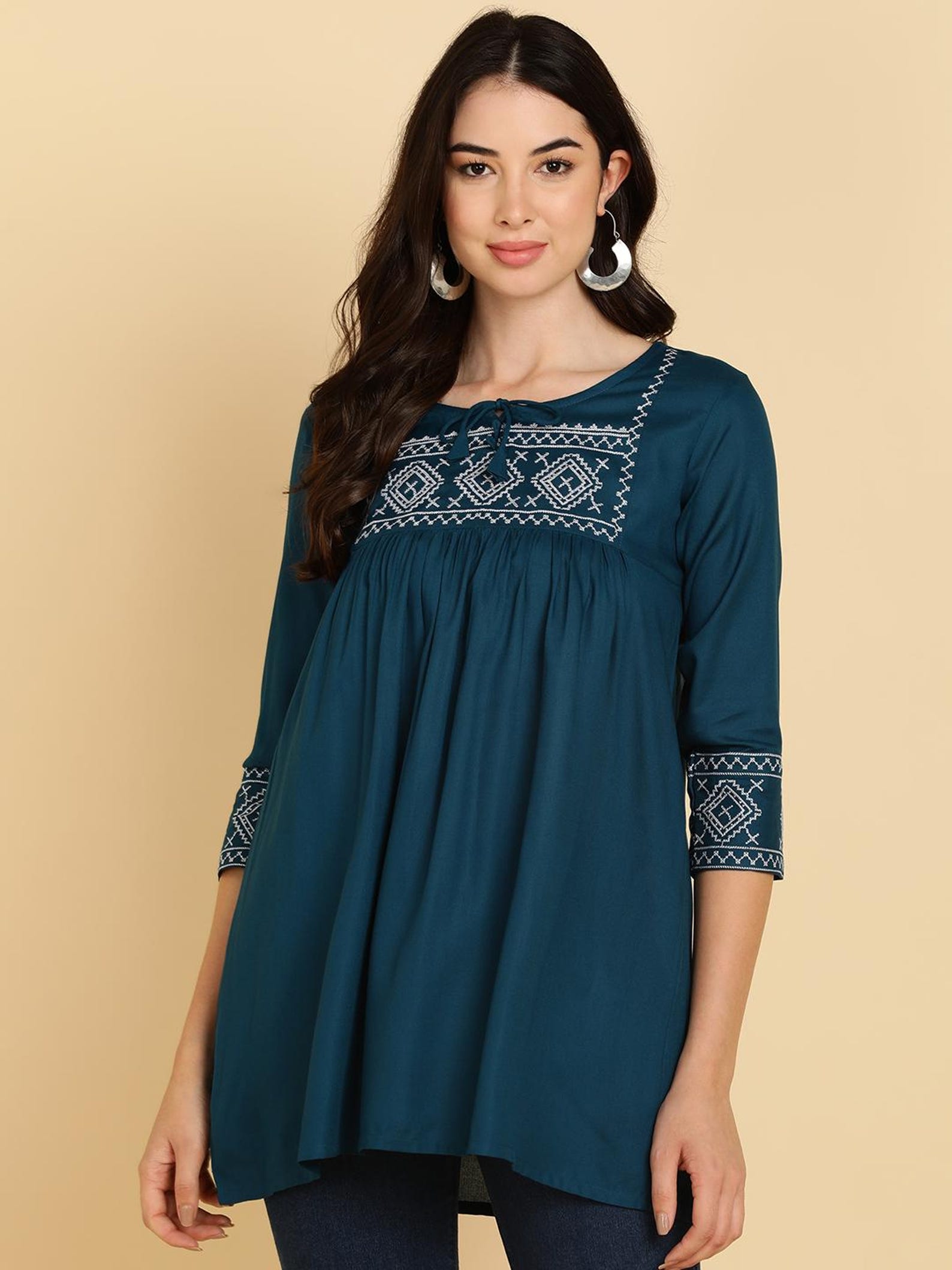 Blue Tops & Tunics for Women | White Embroidered Tie-up Neck Tunic ...