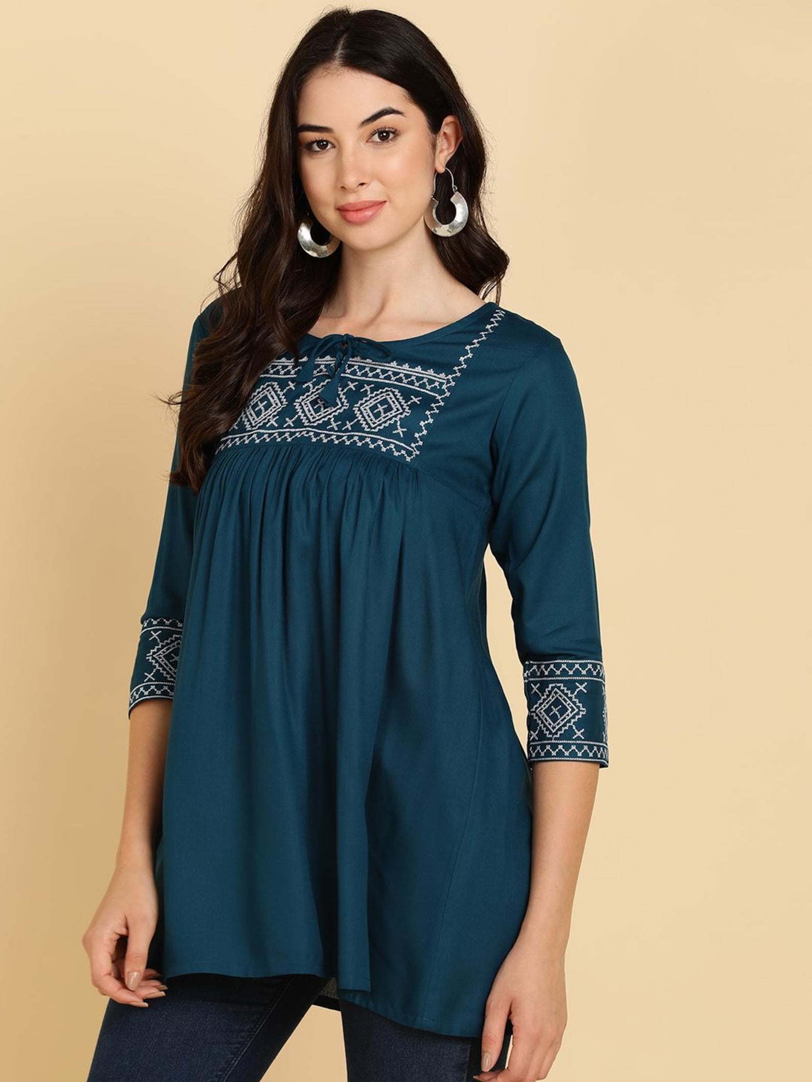 Blue Tops & Tunics for Women | White Embroidered Tie-up Neck Tunic ...