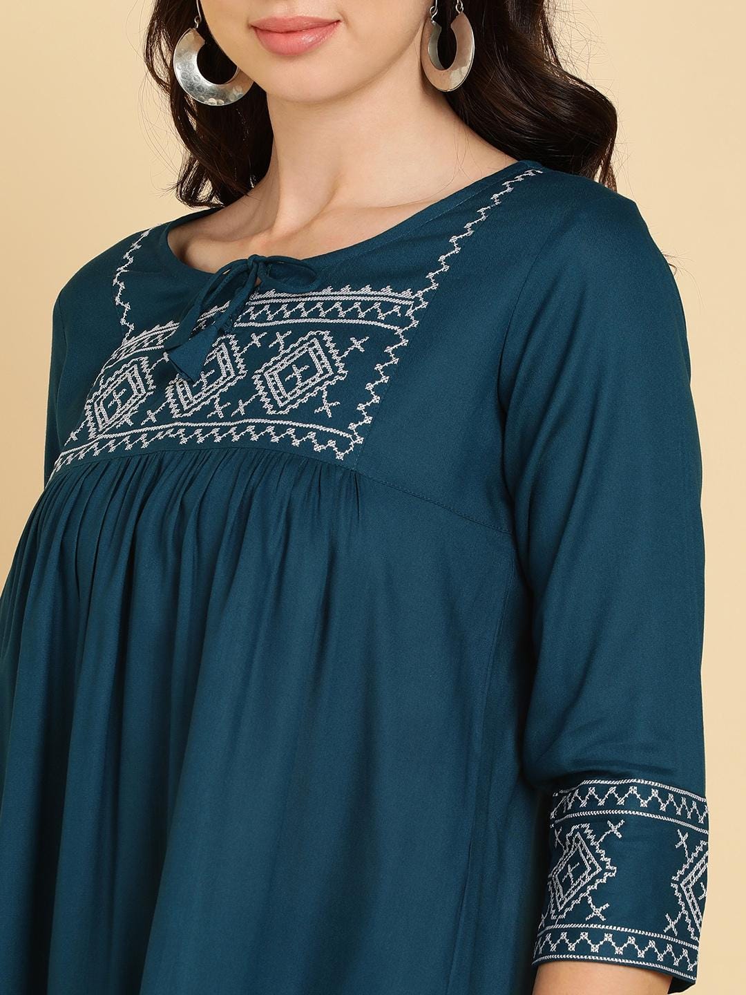 Blue Tops & Tunics for Women | White Embroidered Tie-up Neck Tunic ...