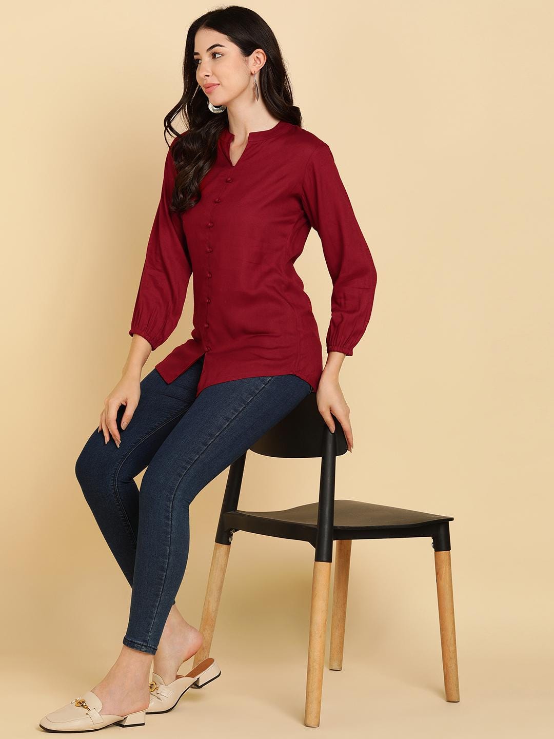 Maroon Indian Tunic Top: Elegant Mandarin Collar Kurti - Etsy