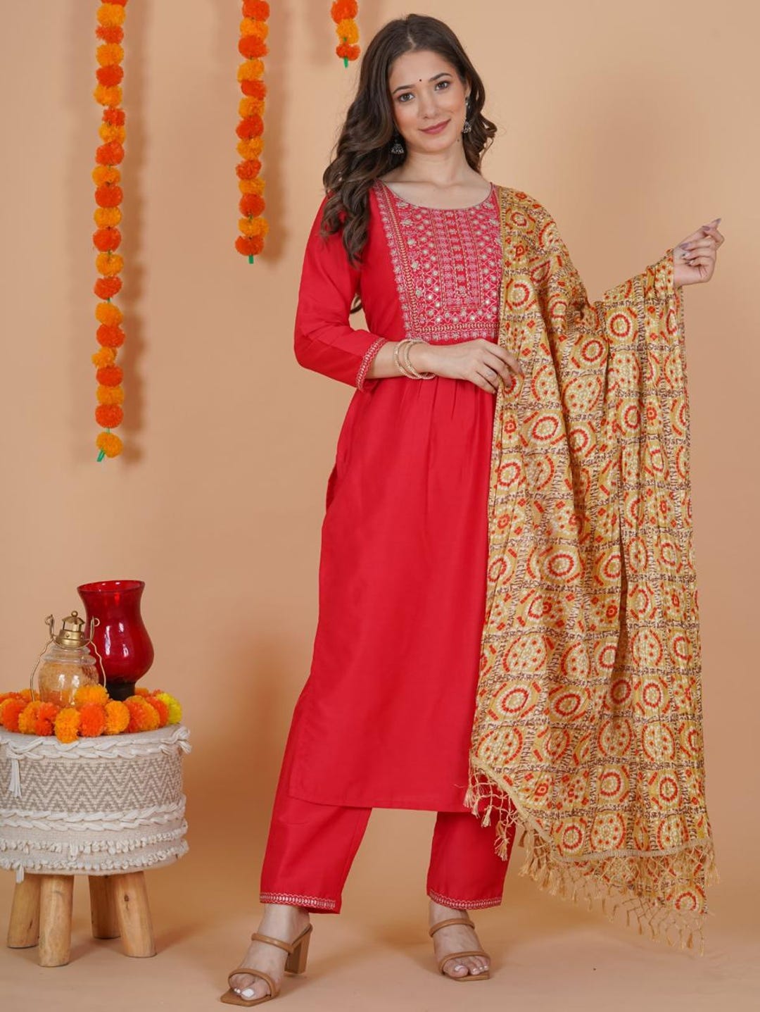 Red Silk Blend Kurta Pant Set, Embroidered Indian Wedding Outfit - Etsy