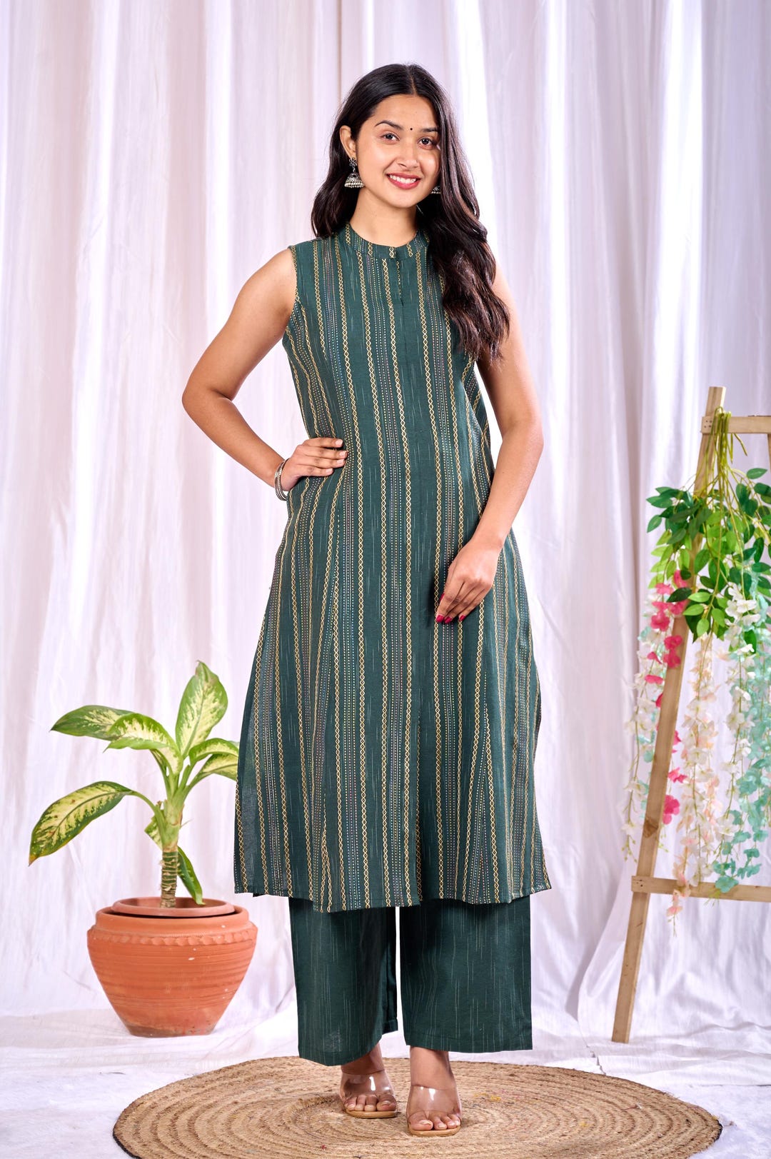 Green Striped Cotton Co-ord Set for Women, Tunic & Trouser Summer Set ...