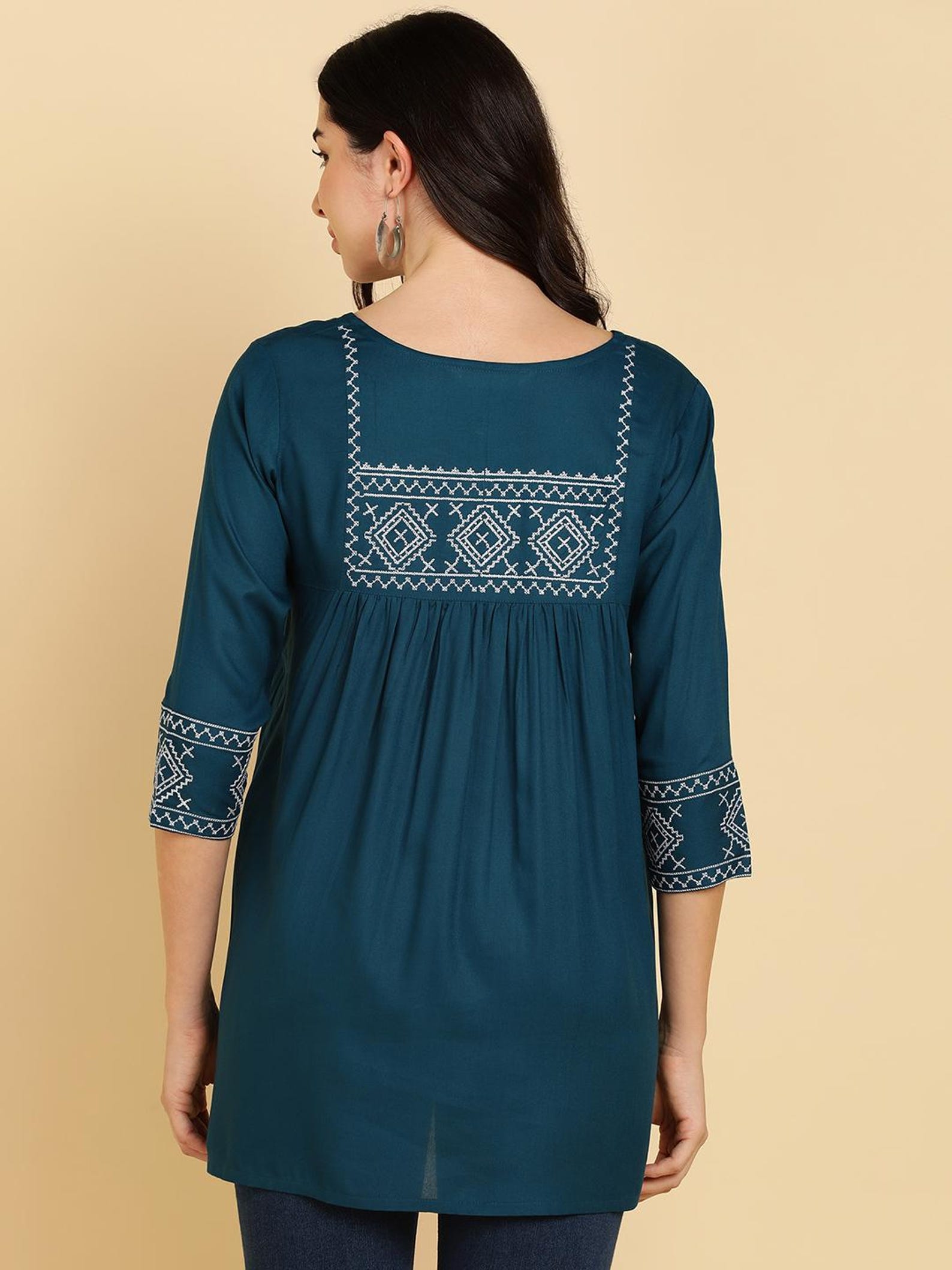 Blue Tops & Tunics for Women | White Embroidered Tie-up Neck Tunic ...