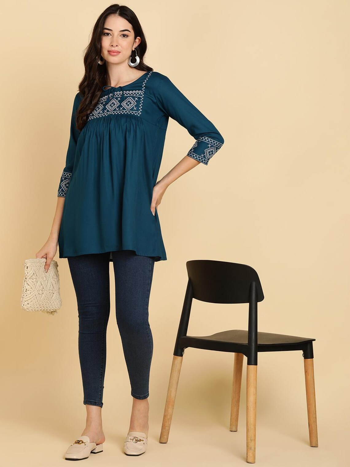 Blue Tops & Tunics for Women | White Embroidered Tie-up Neck Tunic ...