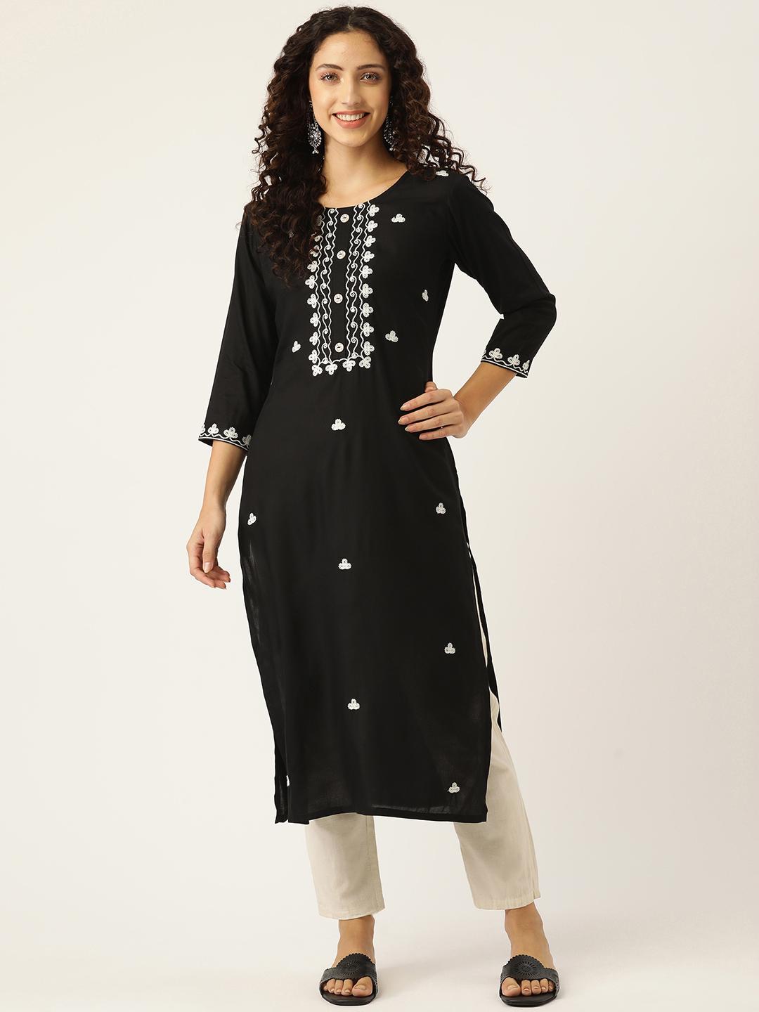 Indian Embroidered Kurta – Black Cotton Tunic for Women, Traditional ...