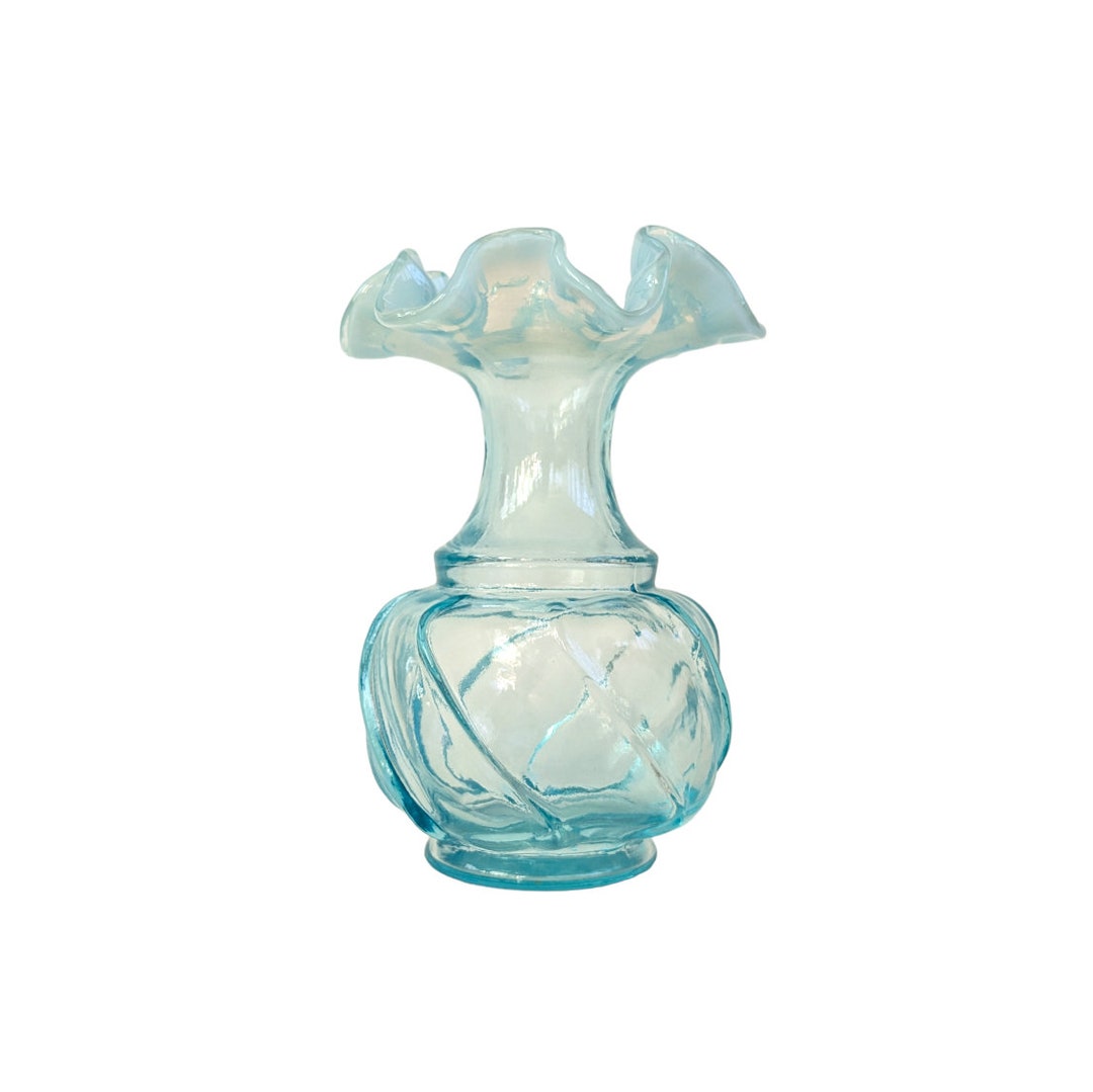Vintage Fenton Blue Glass Vase, Small 1940s Opalescent Ruffled Rim ...