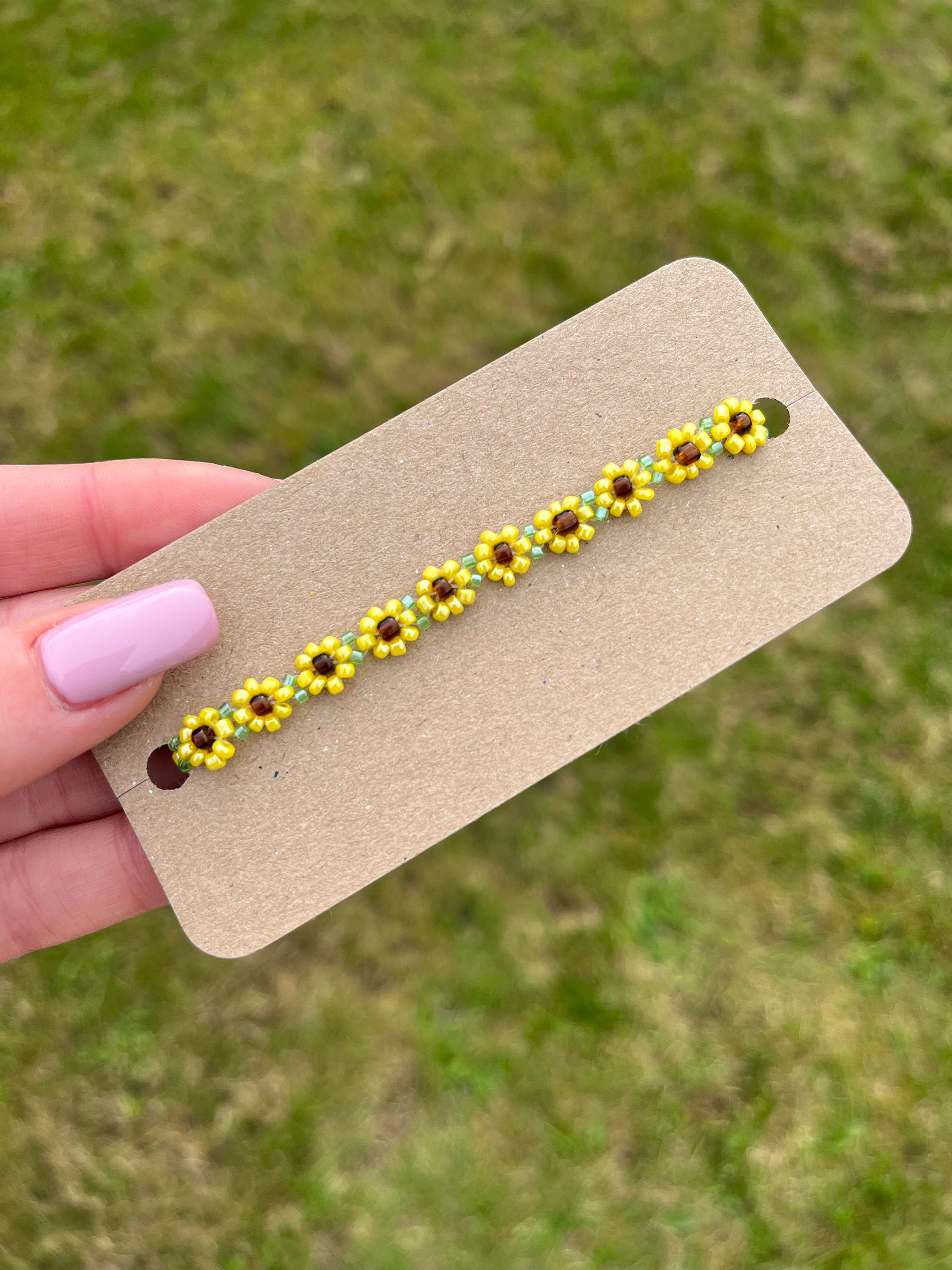 Sunflower Bracelet, Beaded Sunflower and Daisy Bracelet, Pearl ...