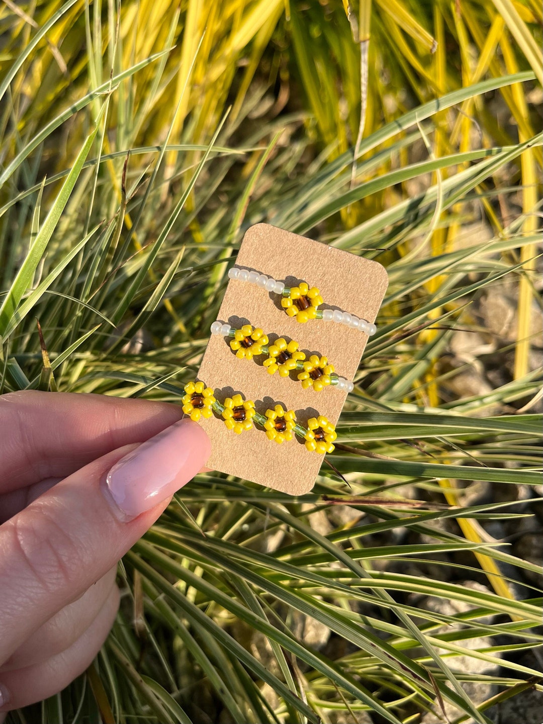 Sunflower Rings, Set of Three Stackable Sunflower Rings, Beaded Flower ...