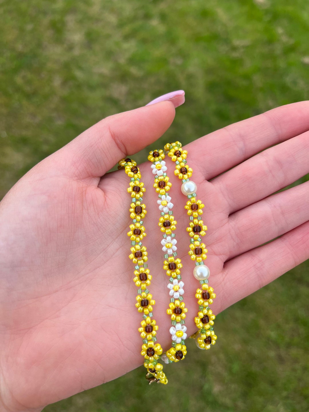 Sunflower Bracelet, Beaded Sunflower and Daisy Bracelet, Pearl ...