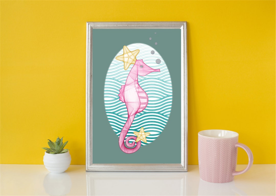 Printable Hand Drawn Pink Seahorse With Abstract Background - Etsy